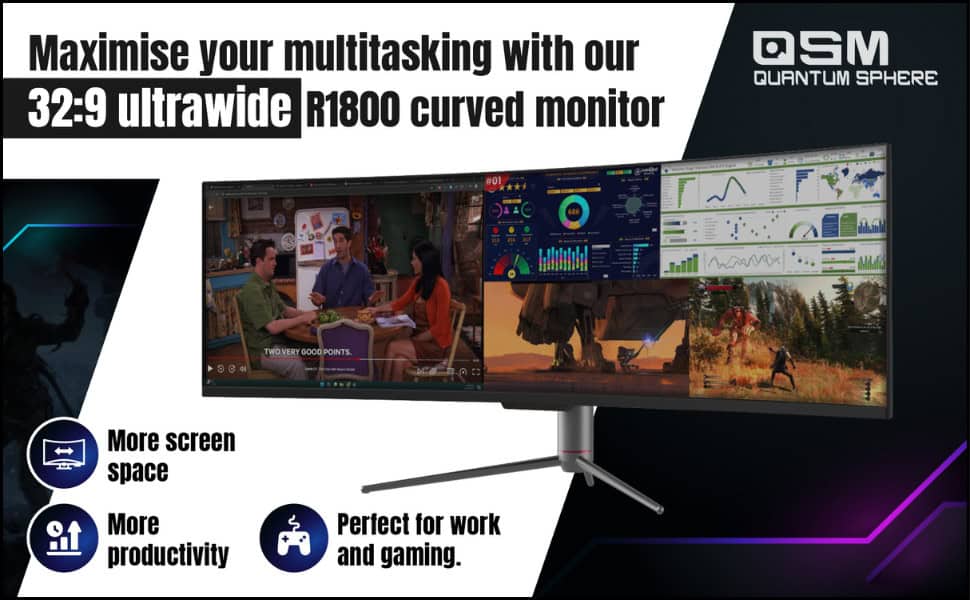 QSM 49" Curved DFHD 32:9 Ultrawide 144Hz 6ms Gaming and Office Monitor ...